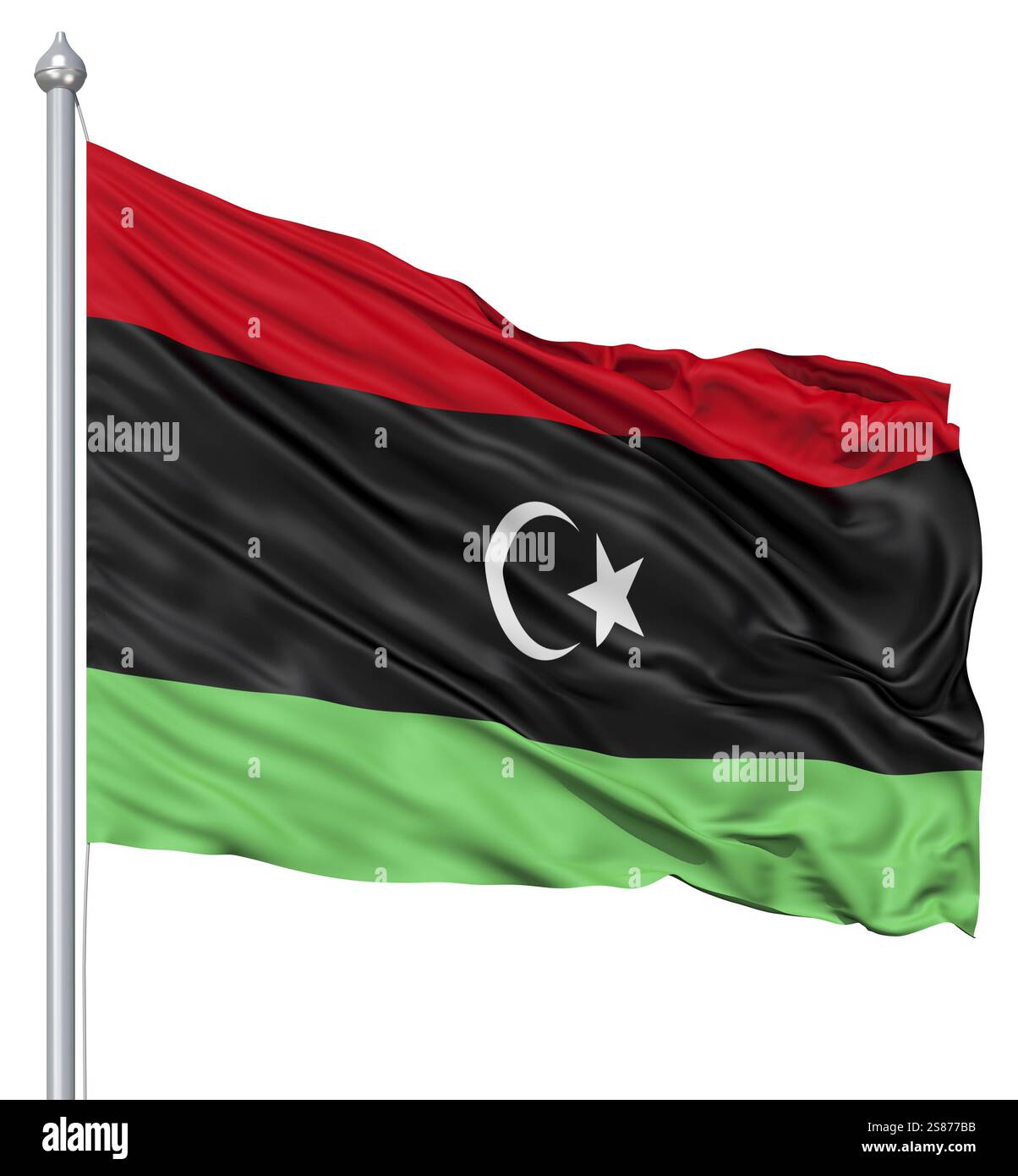 Flag of Libya with flagpole waving in the wind against white background ...
