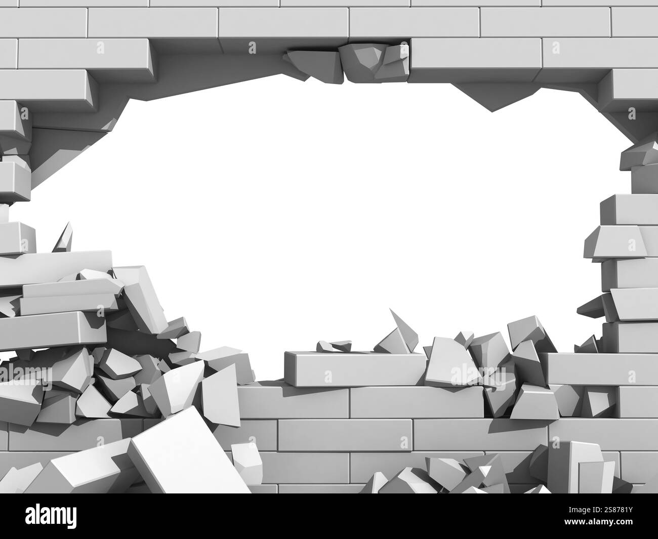 3d illustration of a crumbling concrete wall and a large hole with ...