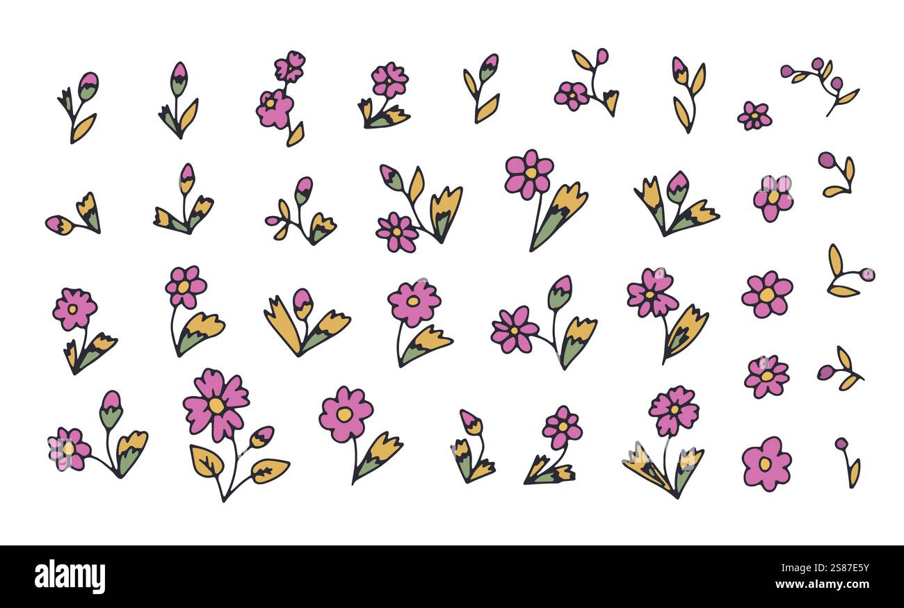 Hand drawn colorful outlined doodle daisy flowers set Stock Vector ...