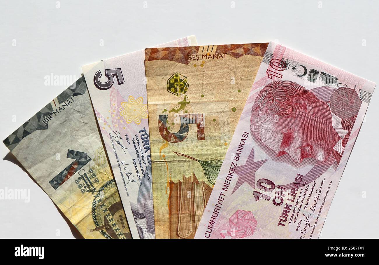 Colorful Azerbaijan Manat and Turkish Lira Banknotes isolated on white ...