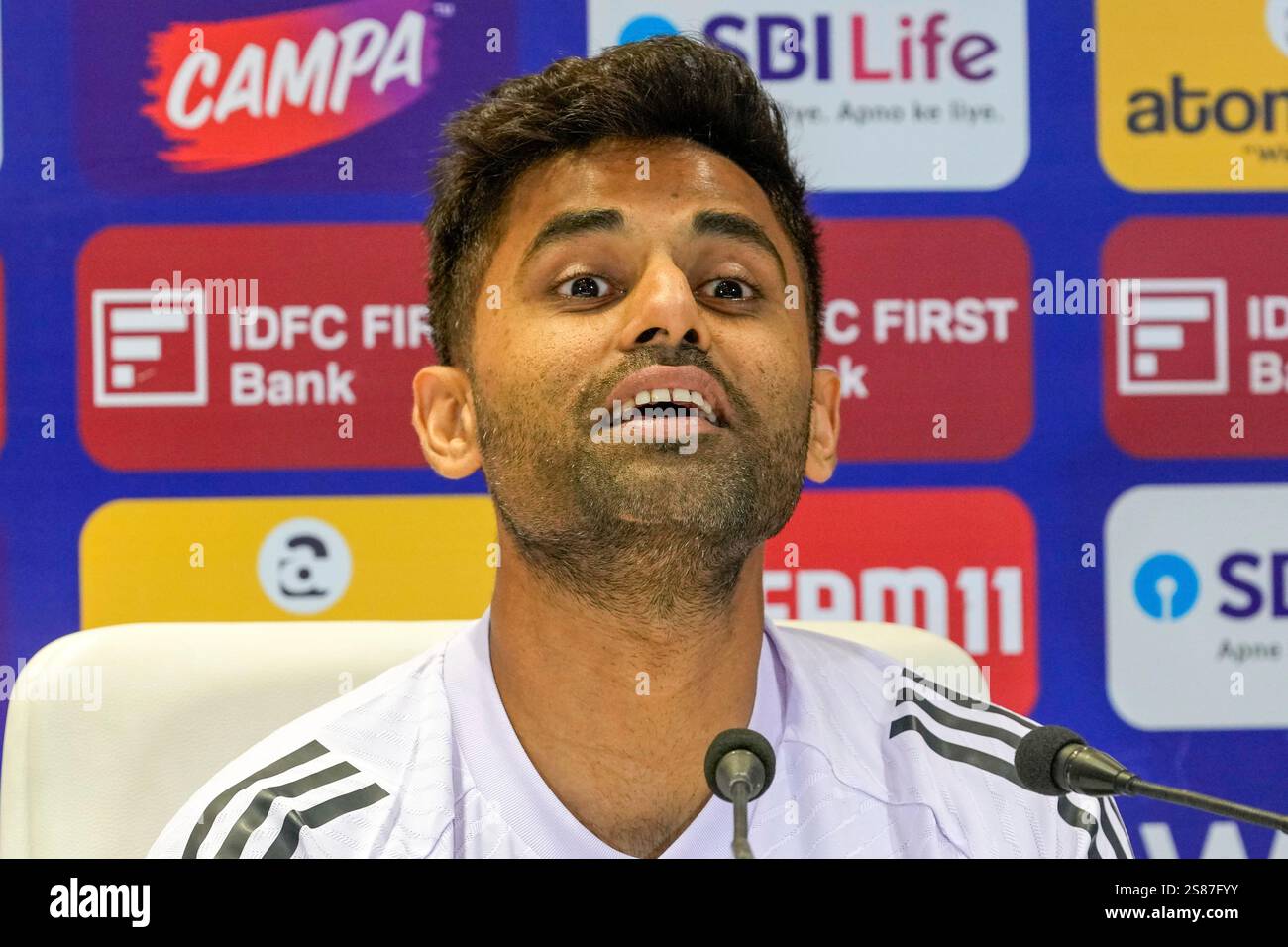 India's captain Surya Kumar Yadav listens to a question during a press ...