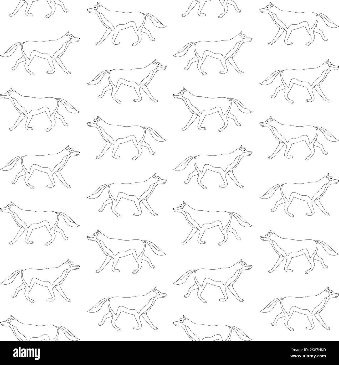 Vector seamless pattern of flat outline wolves isolated on white ...