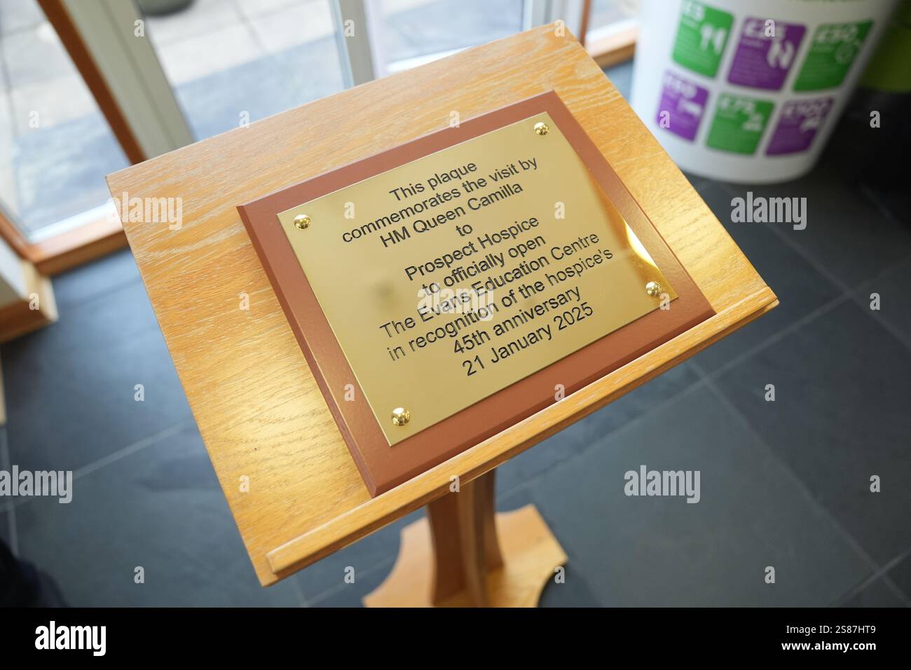 A Plaque on display as Queen Camilla, President of Prospect Hospice ...