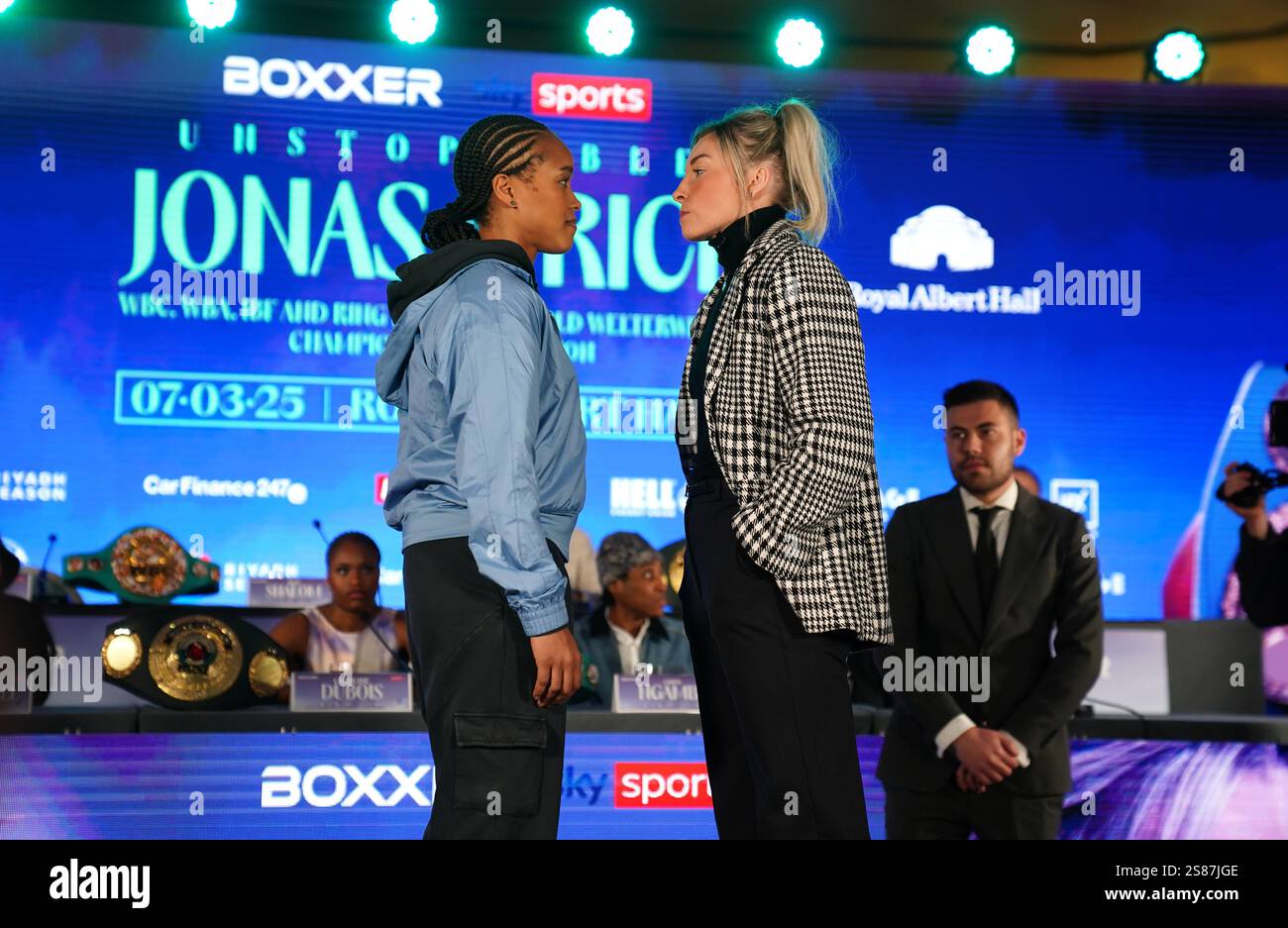 Natasha Jonas (left) and Lauren Price face off during a press ...