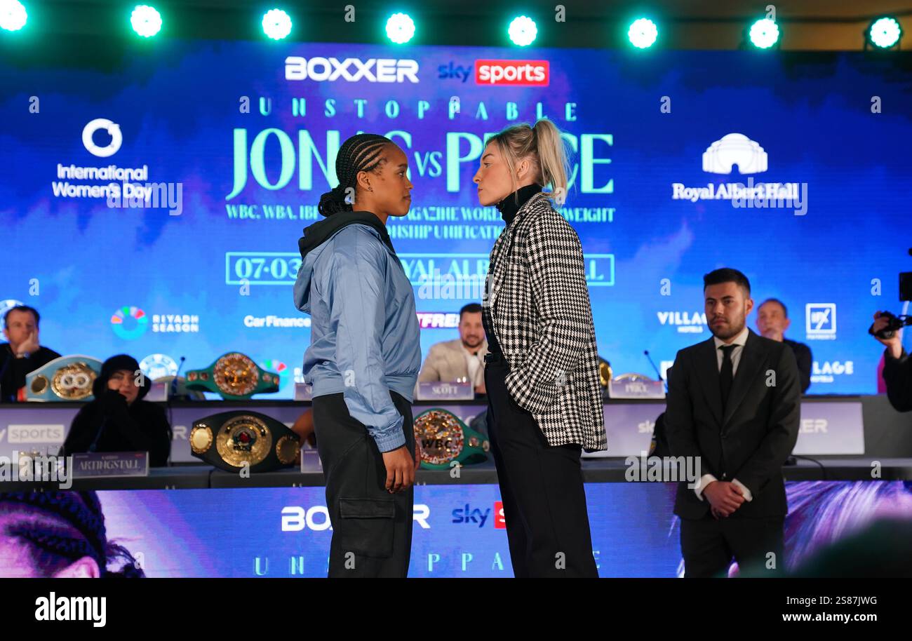 Natasha Jonas (left) and Lauren Price face off during a press ...