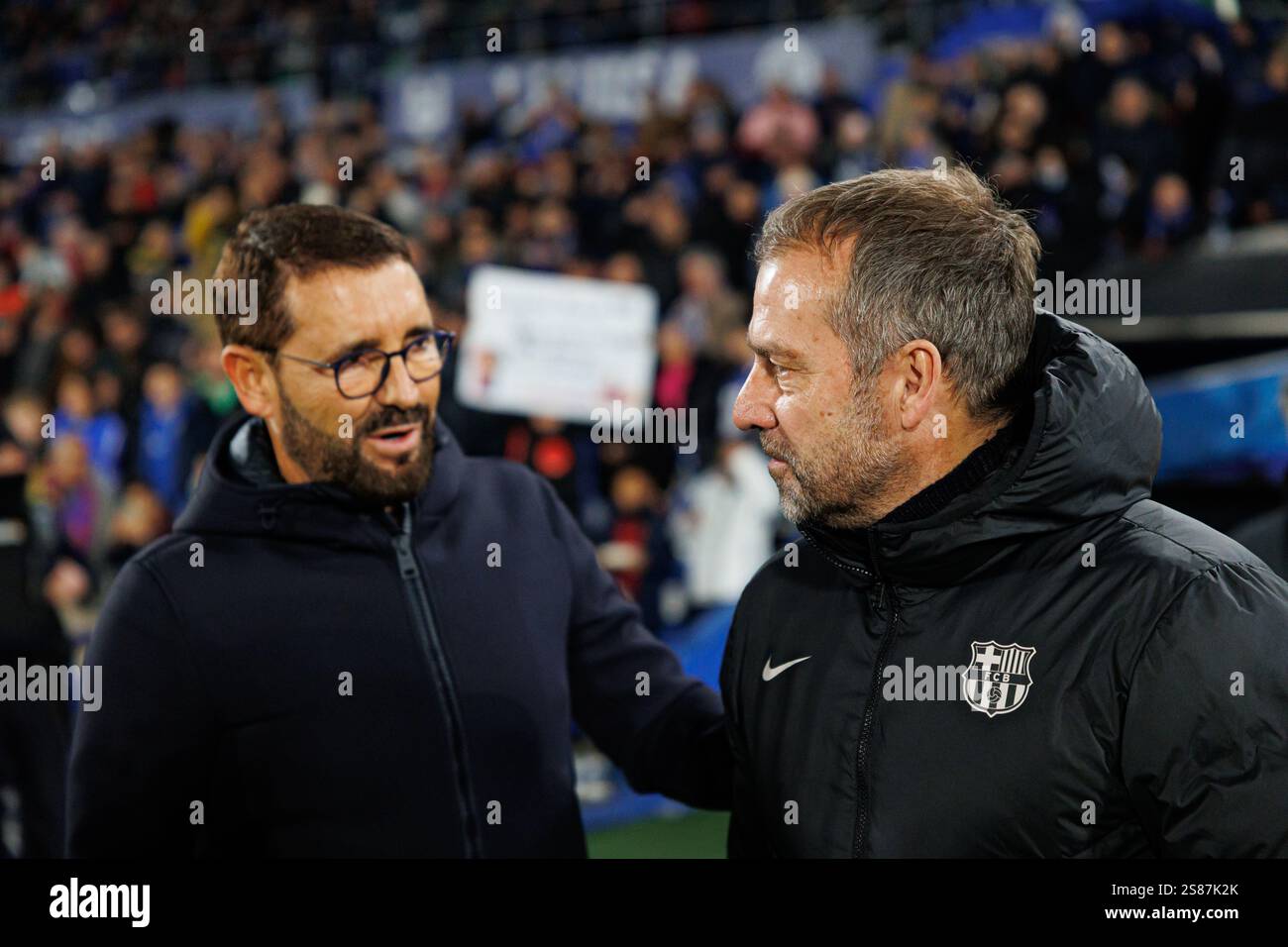 Jose Bordalas, Hansi Flick seen during LaLiga EA SPORTS game between teams of Getafe CF and FC ...