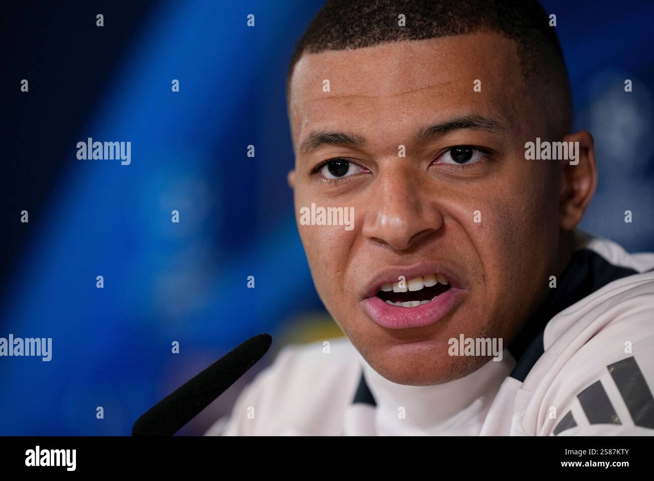 Kylian Mbappe attends his press conference during the training day of ...