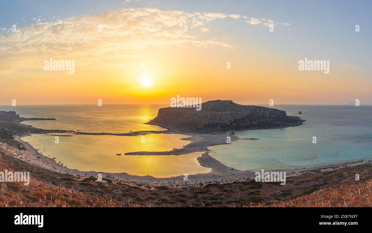 Landscape with Balos Lagoon beach and Gramvousa island at sunset on ...