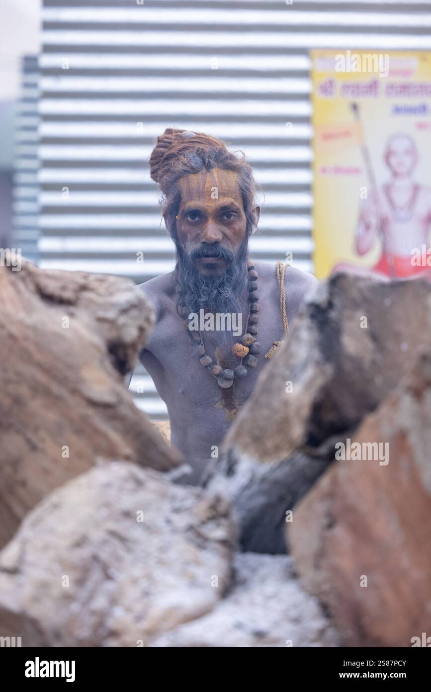 Mahakumbh, Portrait of holy male sadhu baba participating in maha kumbh ...
