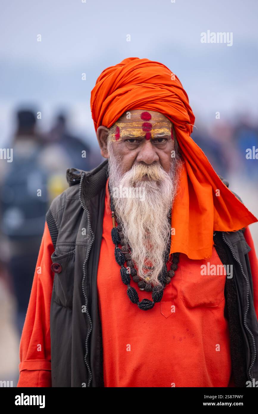 Mahakumbh, Portrait of holy male sadhu baba participating in maha kumbh ...