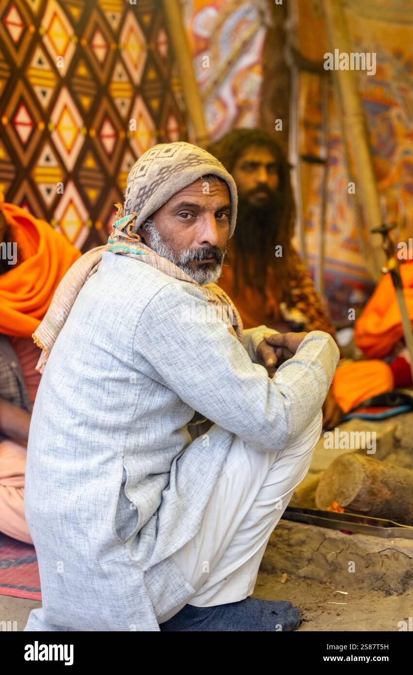 Mahakumbh, Portrait of holy male sadhu baba participating in maha kumbh ...