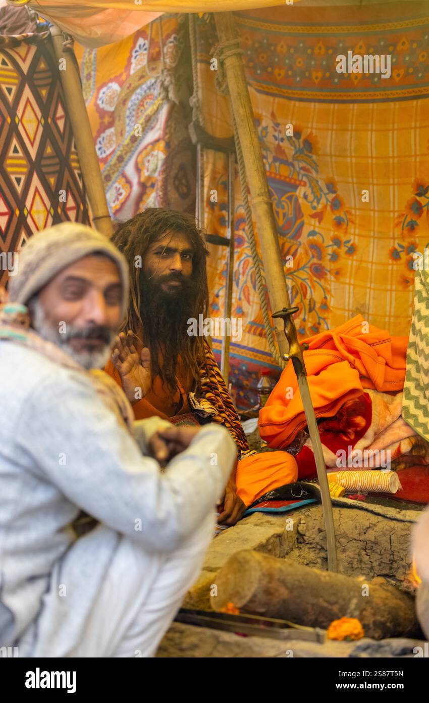 Mahakumbh, Portrait of holy male sadhu baba participating in maha kumbh ...