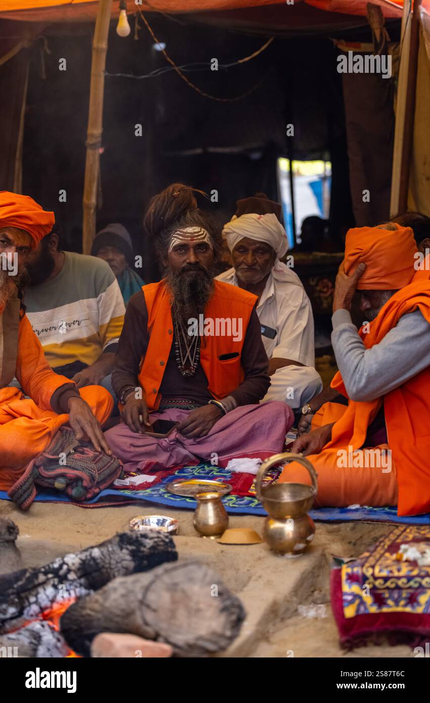 Mahakumbh, Portrait of holy male sadhu baba participating in maha kumbh ...