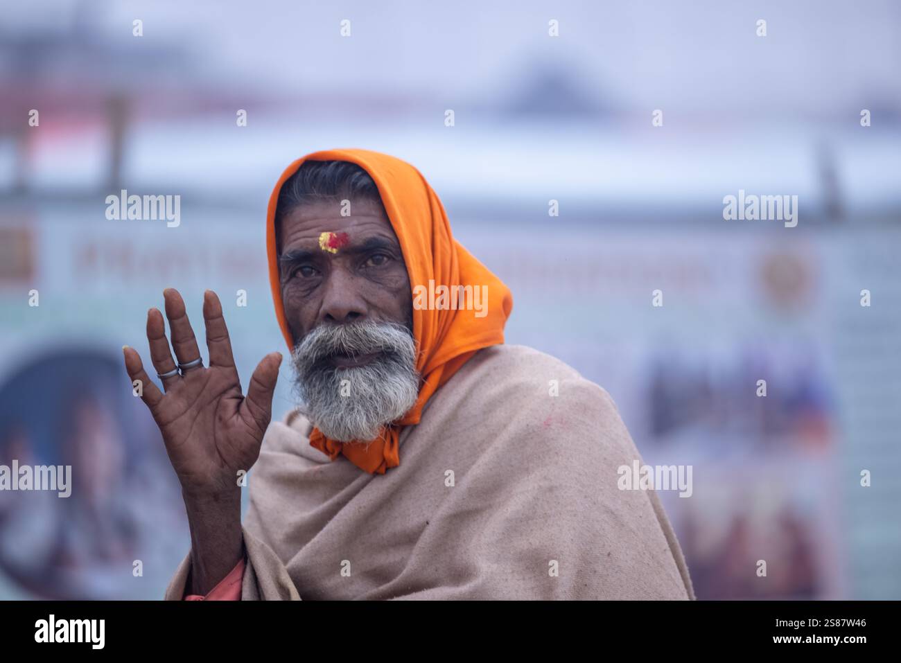 Mahakumbh, Portrait of holy male sadhu baba participating in maha kumbh ...