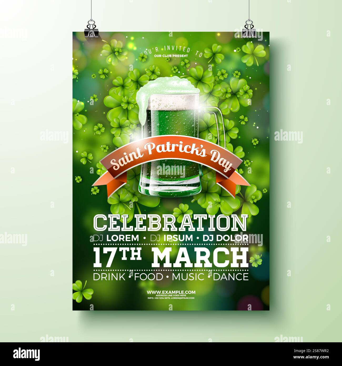 Saint Patrick's Day Party Flyer Illustration with Falling Clover Leaves ...