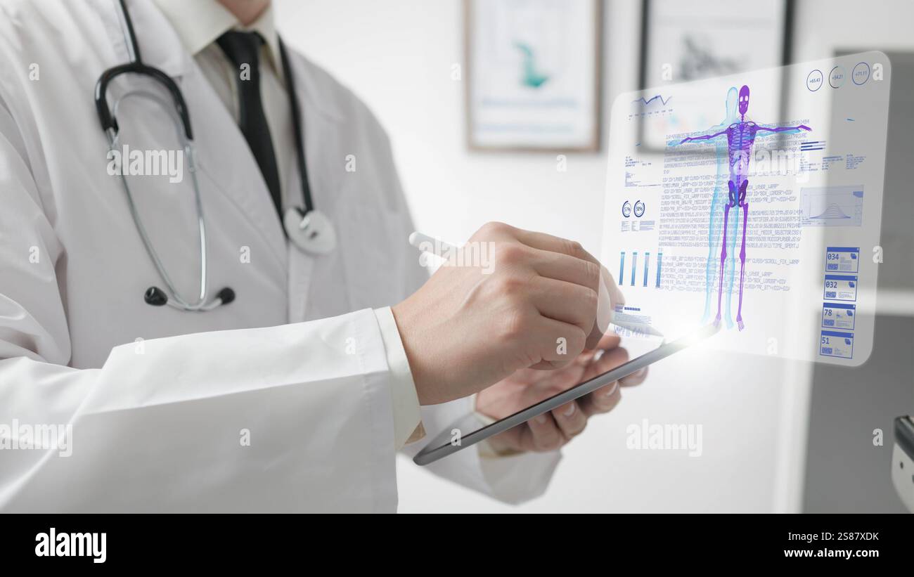 A doctor examines a hologram displaying a full-body analysis and ...