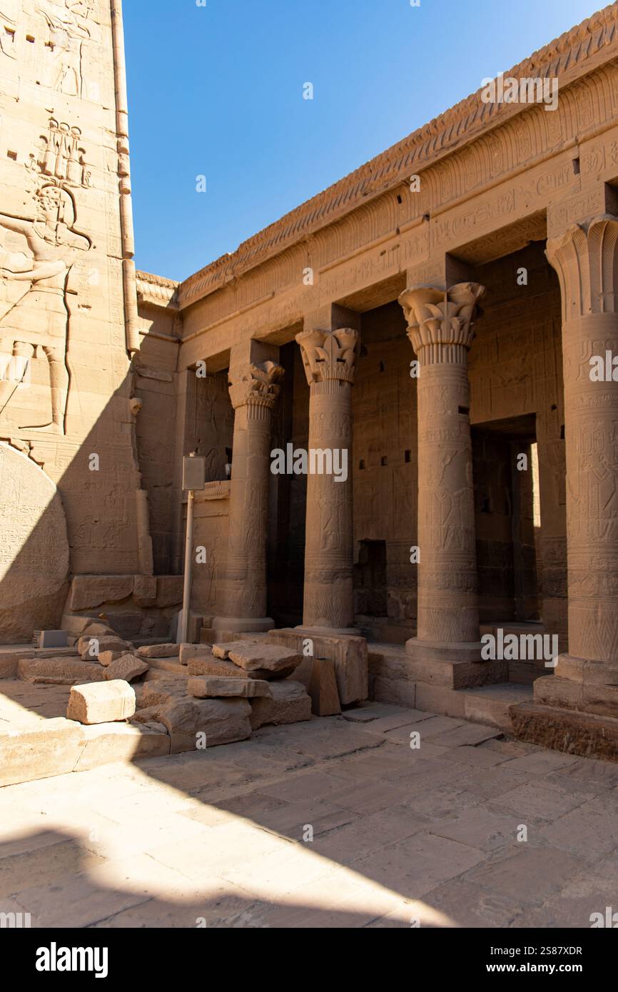 Aswan, Egypt; January 18, 2024: Admiring the pillars of the temple of ...