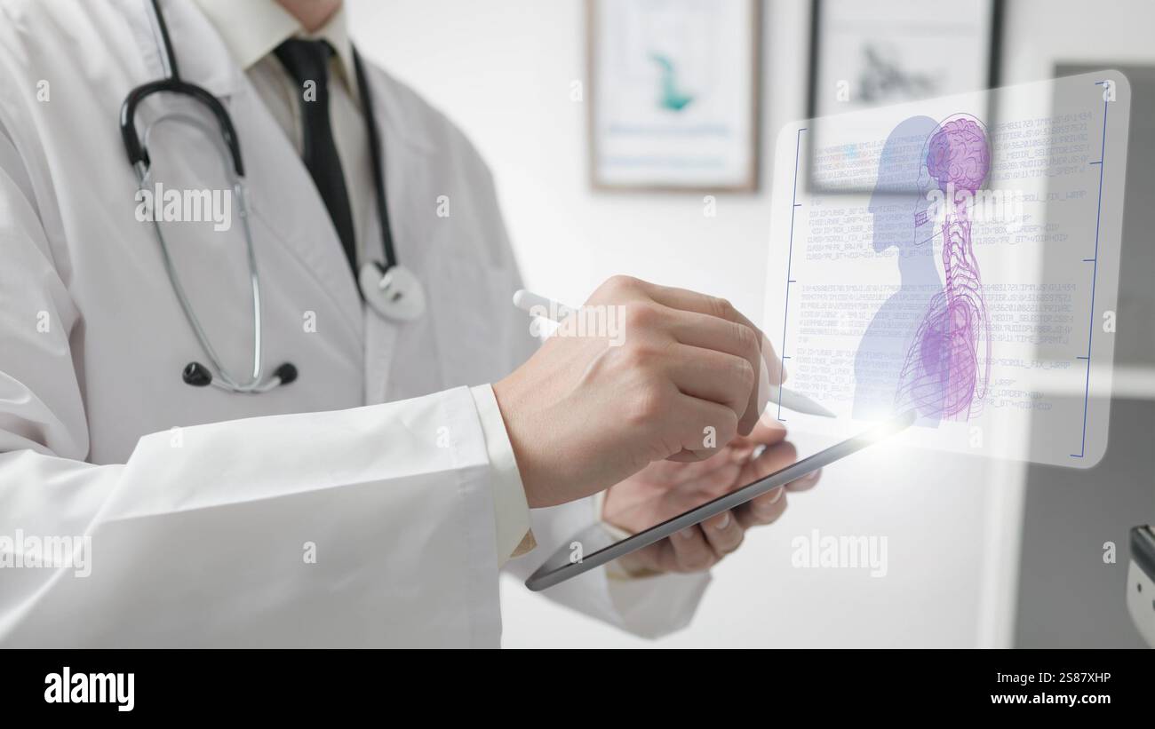 A doctor examines a hologram of the human body, performing a deep ...