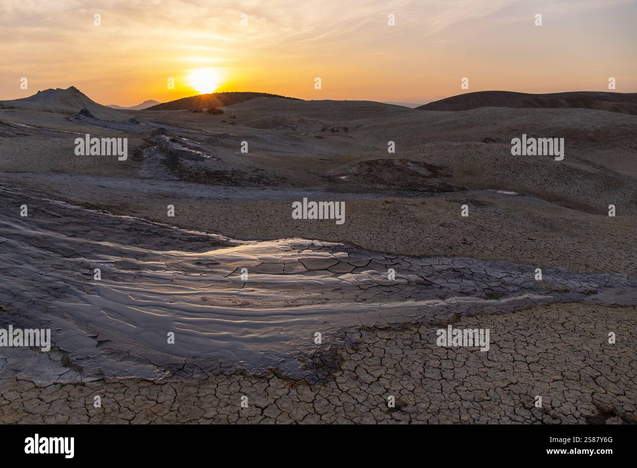 Beautiful mud volcanoes at sunset in Gobustan. Azerbaijan Stock Photo ...