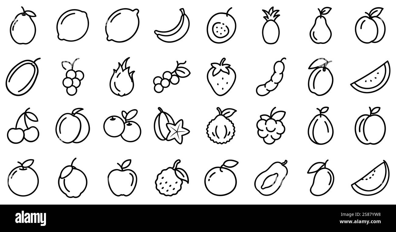 Fruits icons. Set of black linear icons of fruits and berries. Fruits ...