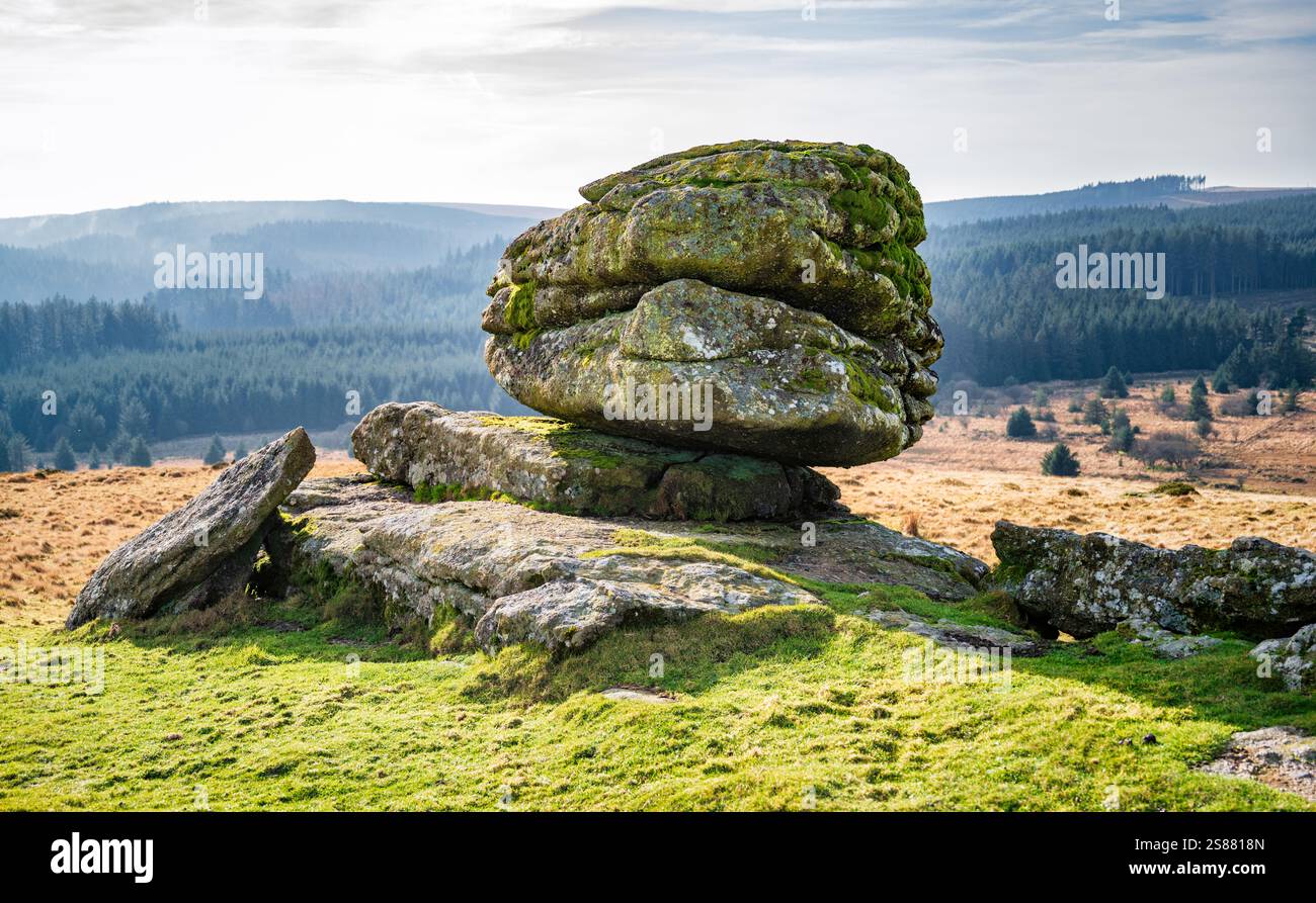 'Balancing Boulder' on Thornworthy Tor, with Fernworthy forest in the ...