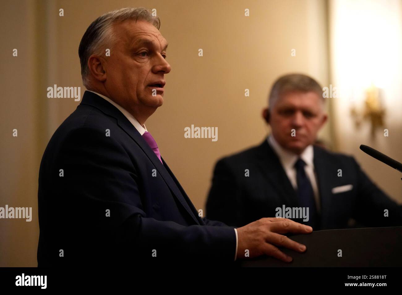 Slovakia's Prime Minister Robert Fico, right, and his Hungarian ...