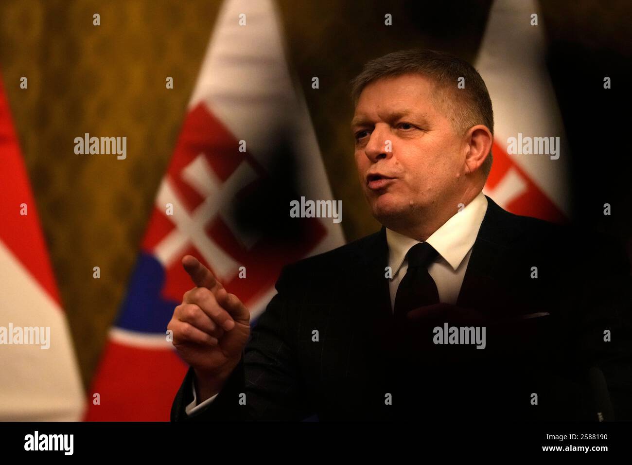 Slovakia's Prime Minister Robert Fico addresses the media during a ...
