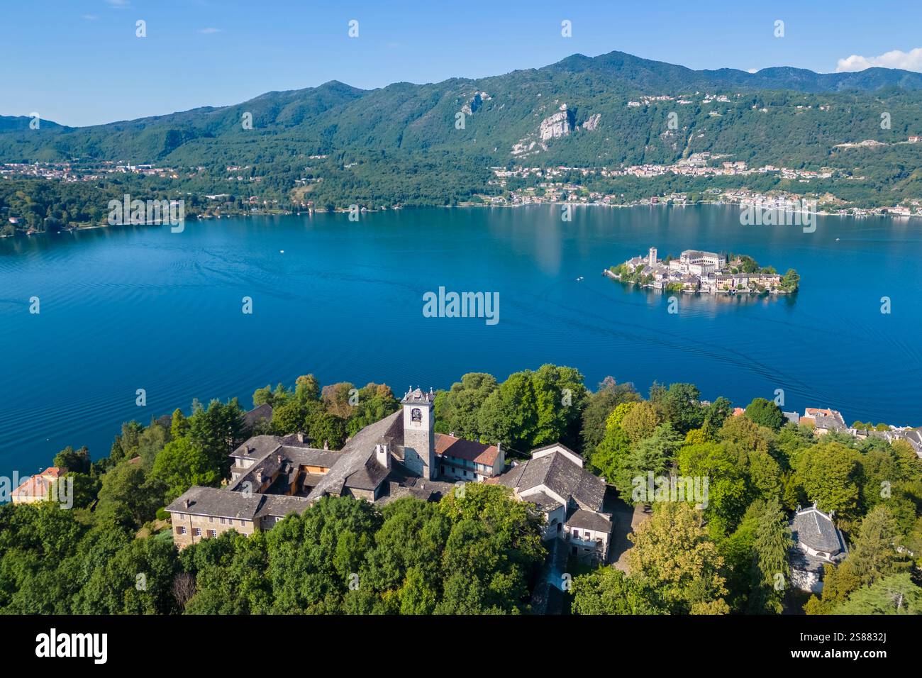 Aerial view of the Sacro Monte of Orta and San Giulio island on Lake ...