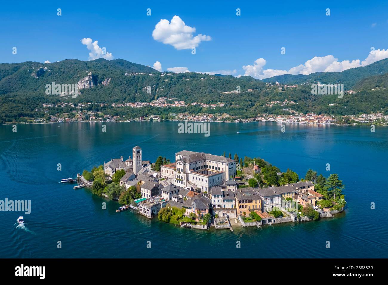 Aerial view of San Giulio island and Lake Orta in the summer. Orta Lake ...