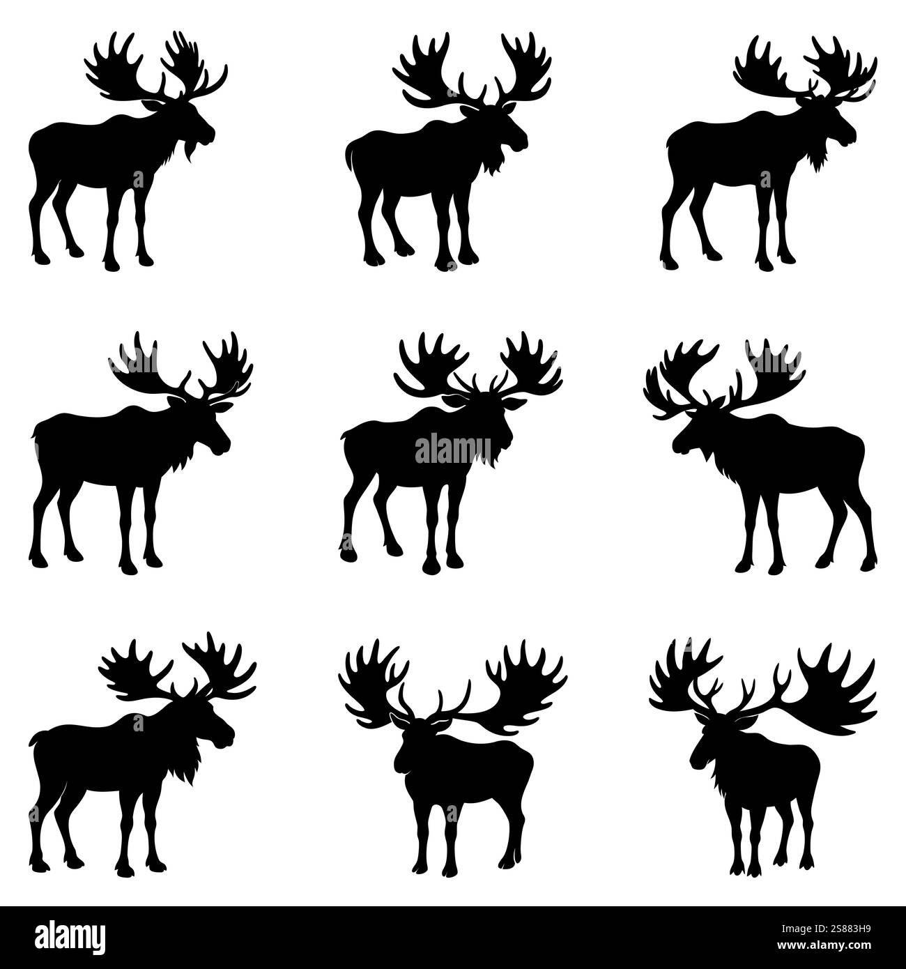 North reindeer. Set of black silhouettes of a Christmas deer with ...
