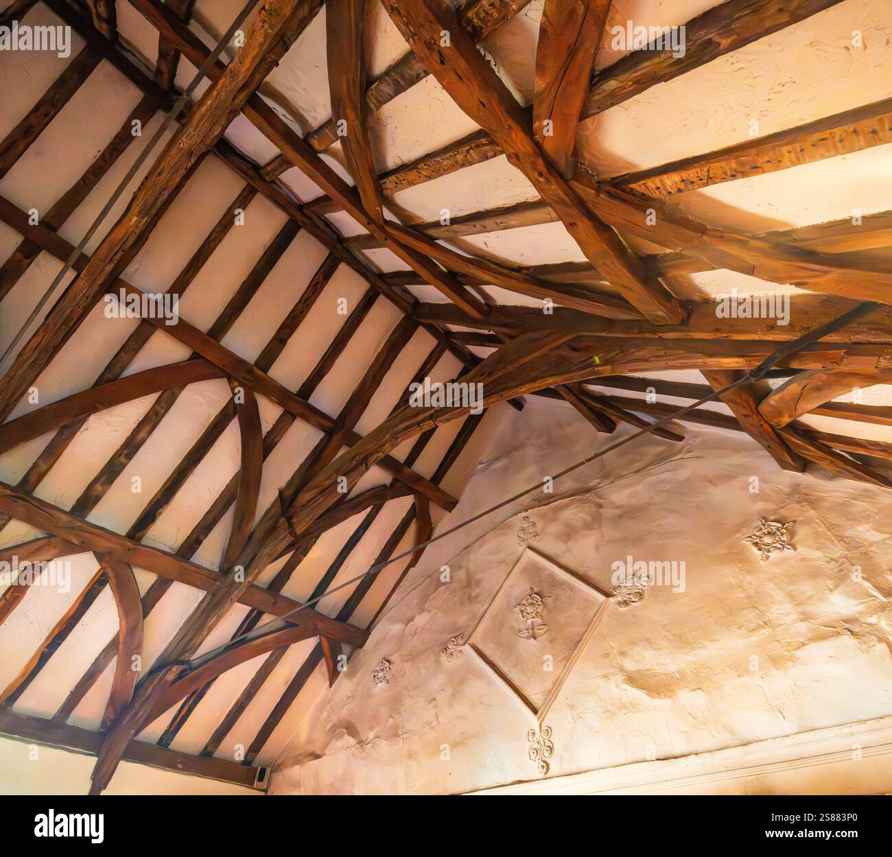 Roof beams and Elizabethan decorative plasterwork at Saint Nicholas ...