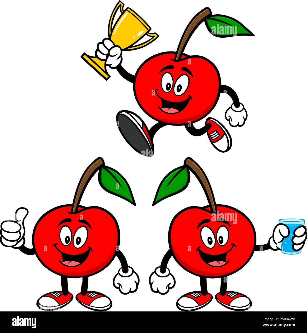 Cherry Character Set, Hand Drawn Vector illustrations, Isolated On ...