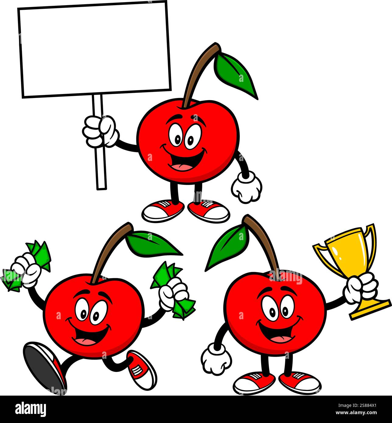 Cherry Character Set, Hand Drawn Vector illustrations, Isolated On ...