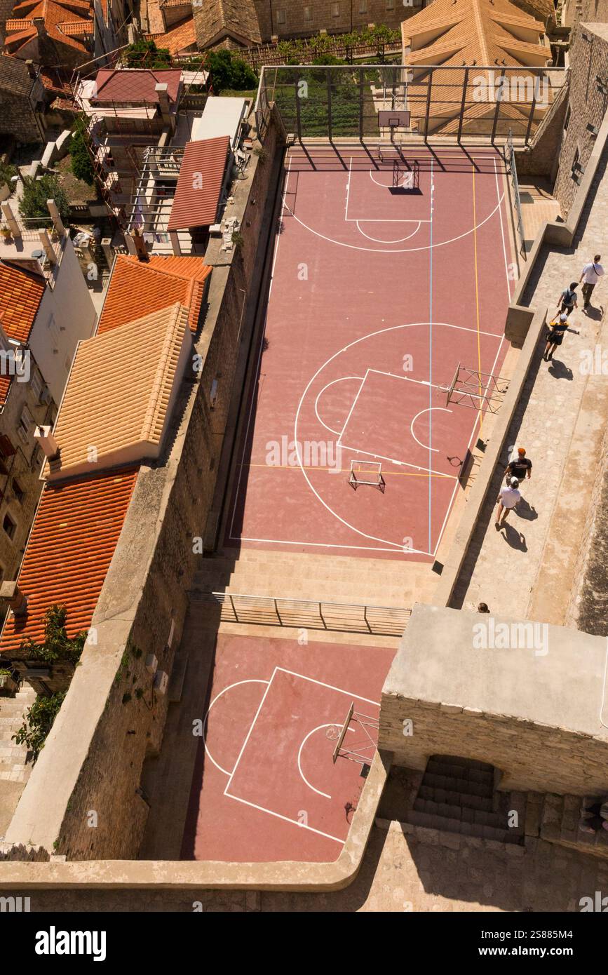 Dubrovnik old town outdoor basketball court seen from the city walls ...
