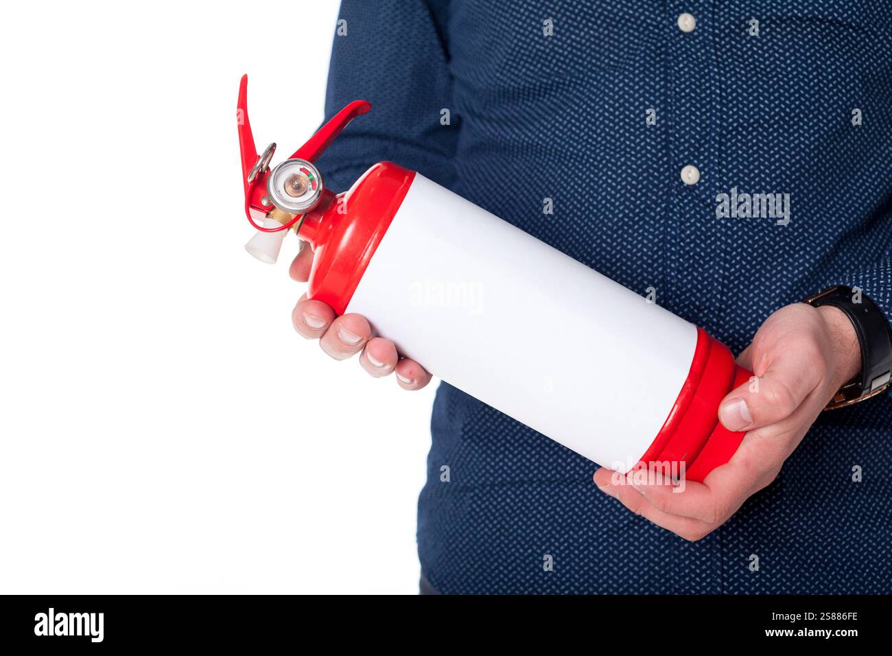 Man using fire extinguisher isolated on white Stock Photo - Alamy