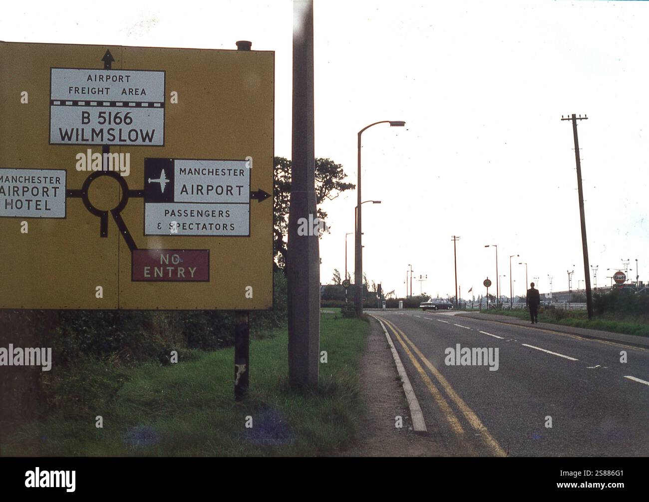 1970s, a road sign for Manchester Airport, England, UK, showing ...