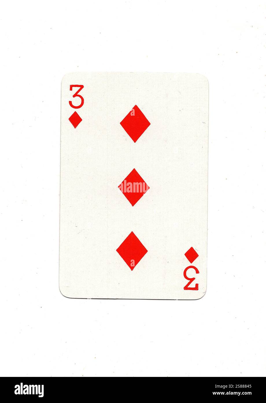 A vintage three of diamonds playing card isolated on a white background ...