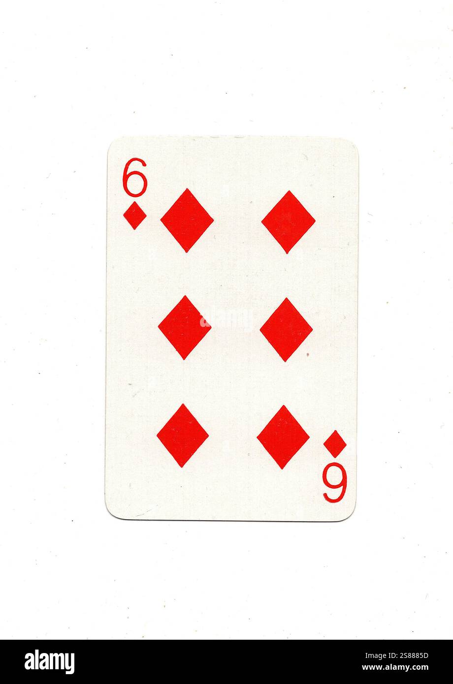 A vintage six of diamonds playing card isolated on a white background ...