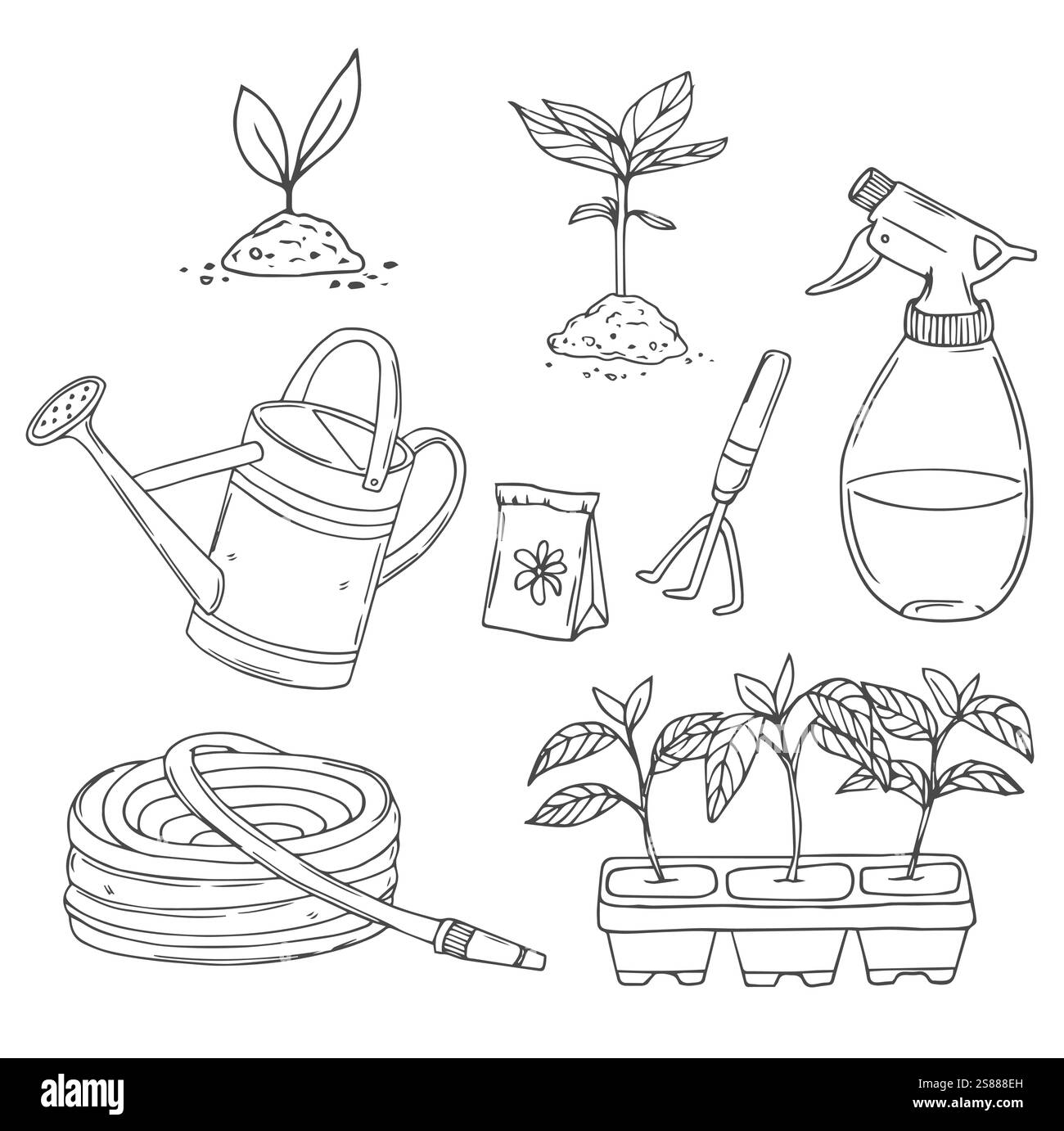 Vector set with hand drawn isolated doodles on the theme of garden ...