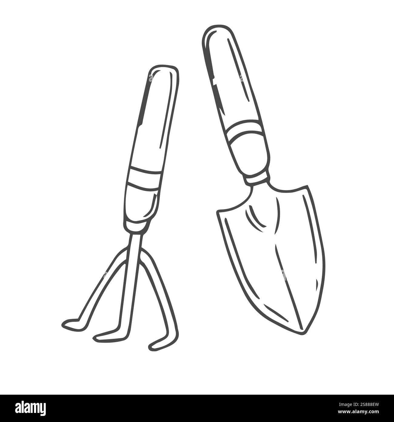 Garden tools linear icons and doodles. Garden rake, garden fork, flower ...