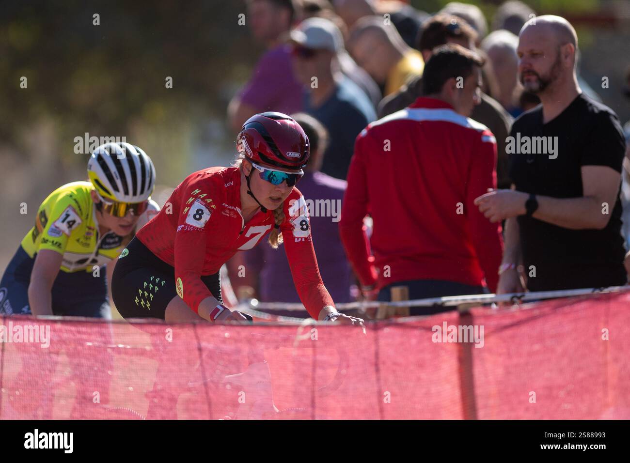 Berindorm,Spain : 2025 January 19 : Cyclists in the Elite Women's race of the UCI Cyclo-Cross ...