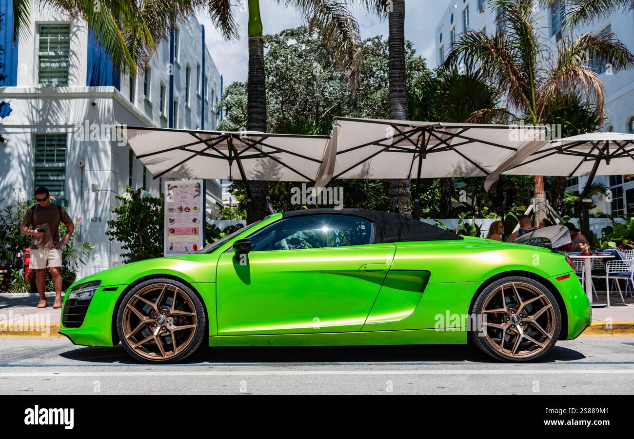 Miami Beach, Florida USA - June 5, 2024: 2014 Audi R8 green luxury car ...