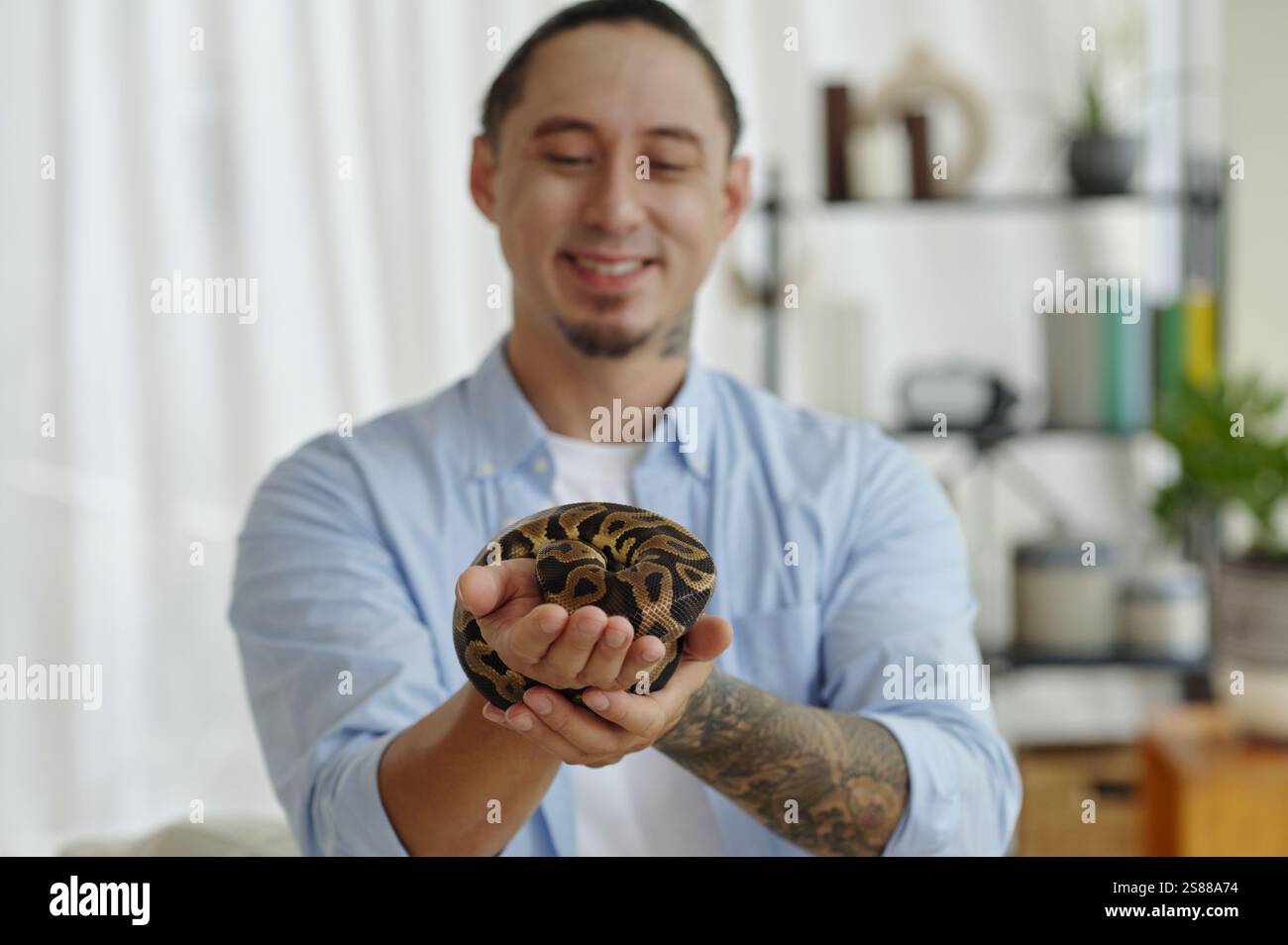 Smiling man holding exotic snake in hands while standing in a modern ...
