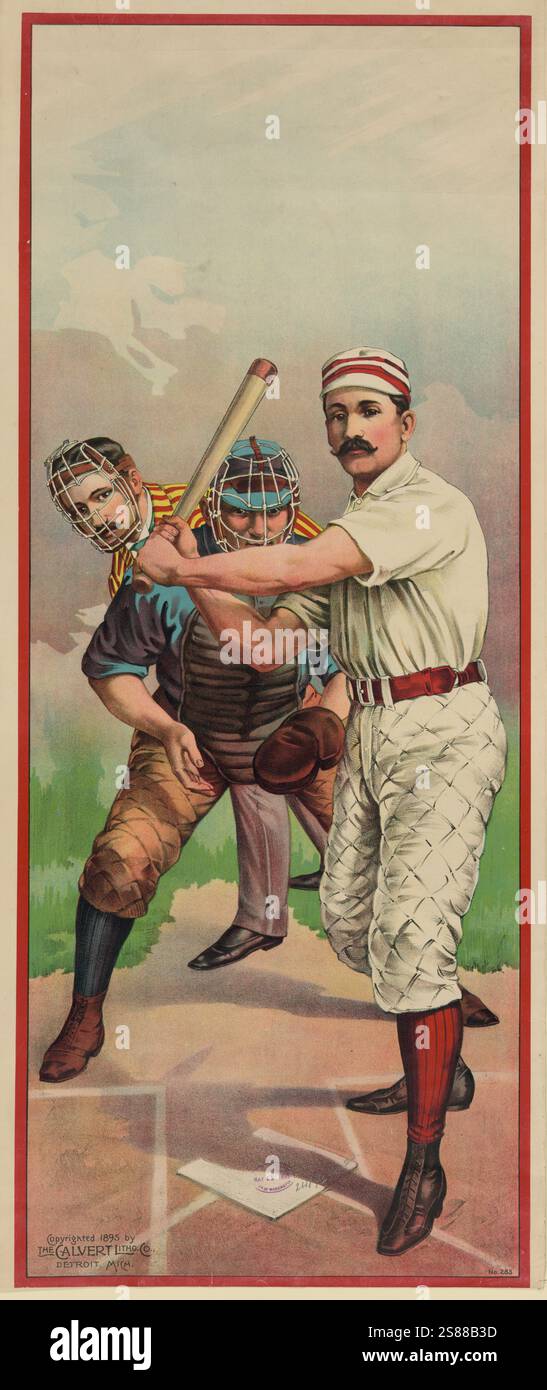 Poster of Baseball player at bat, in front of catcher and umpire ...