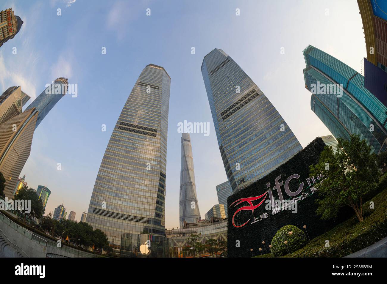 Shanghai, China. January 8, 2025. wide angle panoramic view from below ...