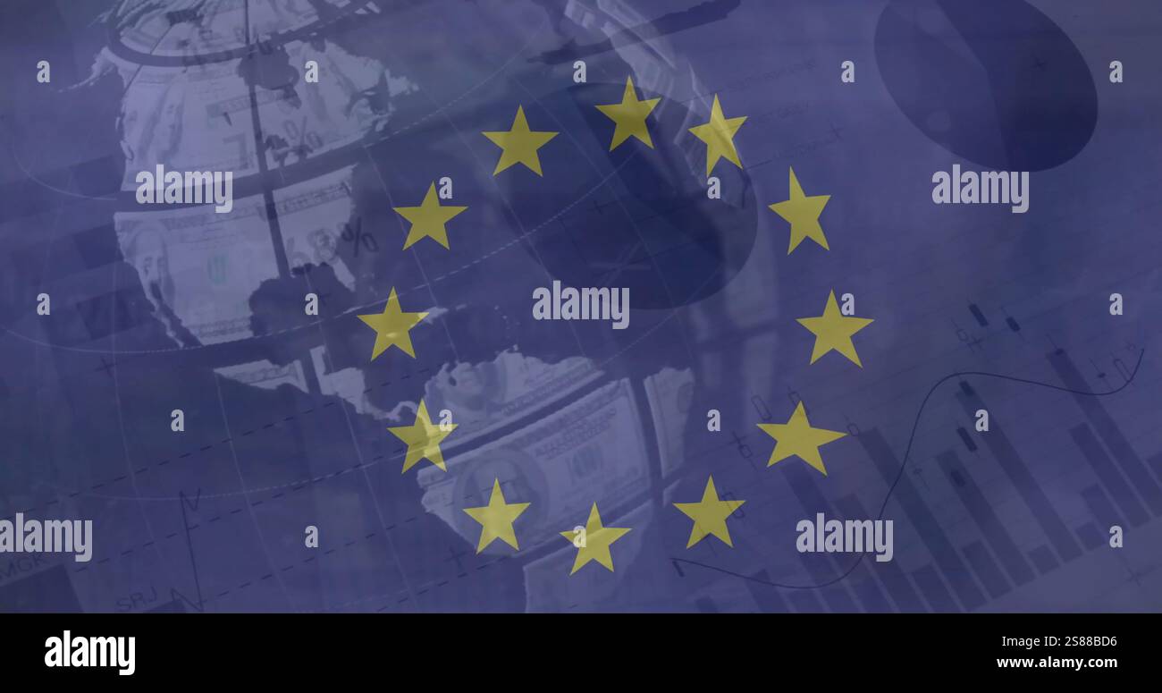 Image of flag of european union over globe and charts processing data ...