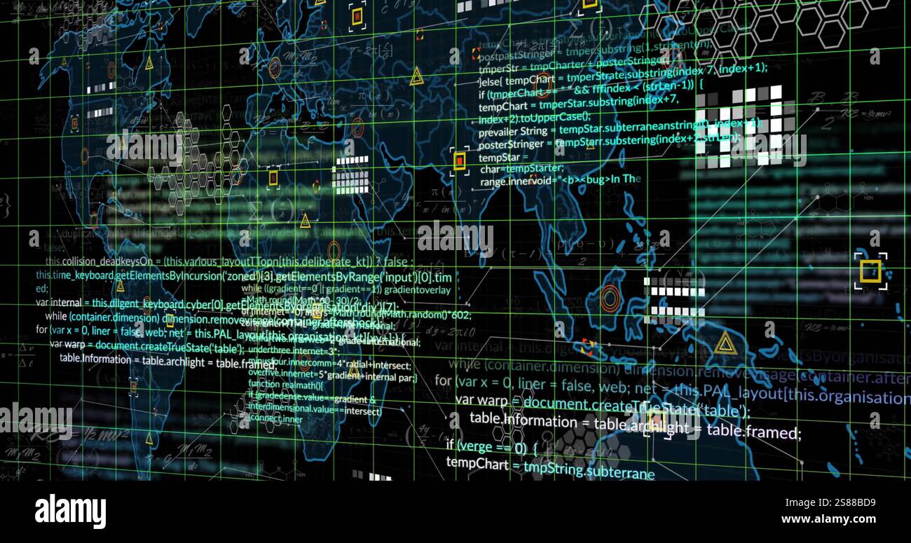 Image of world map and computer data processing over dark background ...