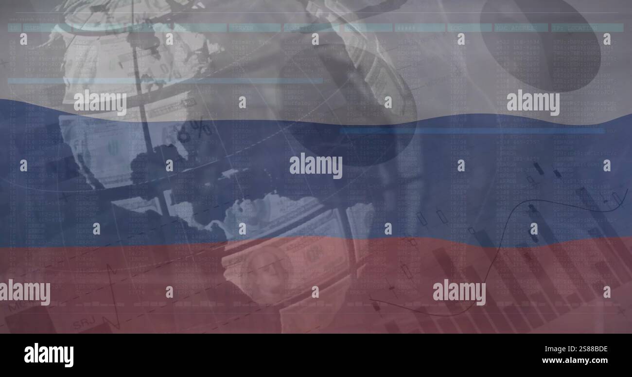 Image of flag of russia over globe and charts processing data Stock ...