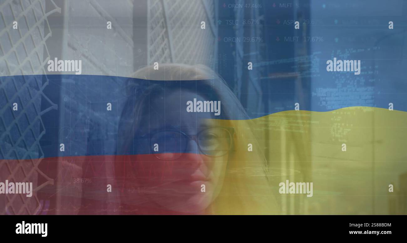 Image of flags of russia and ukraine over caucasian woman in city ...