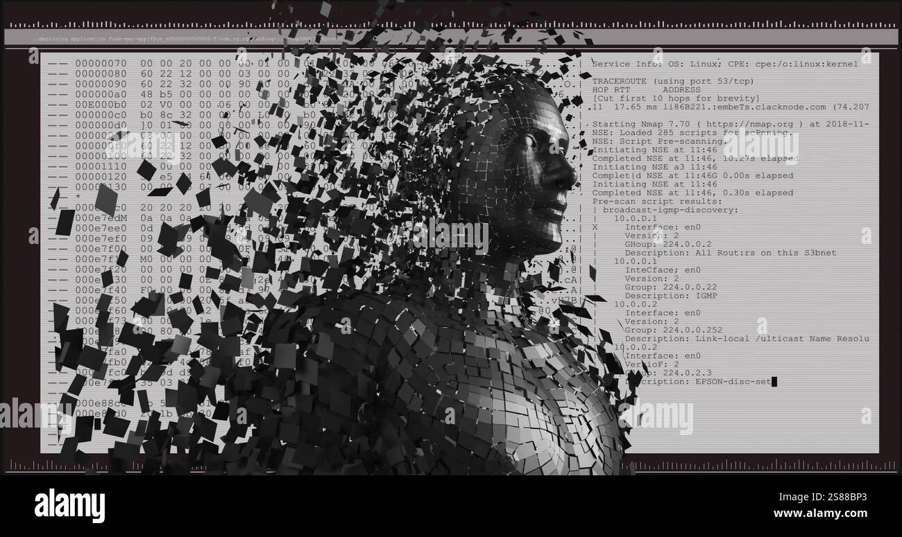 Image of human bust with particles and digital data processing over computer screens Stock Photo ...